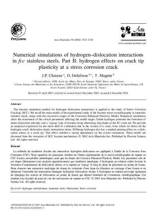 (PDF) Numerical simulations of hydrogen–dislocation interactions in fcc stainless steels
