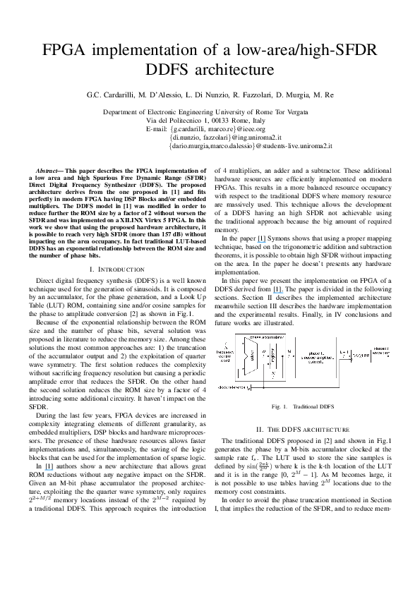 (PDF) FPGA implementation of a low-area/high-SFDR DDFS architecture