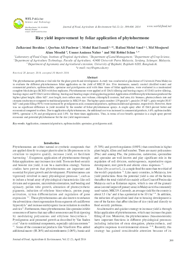 (PDF) Rice yield improvement by foliar application of phytohormone