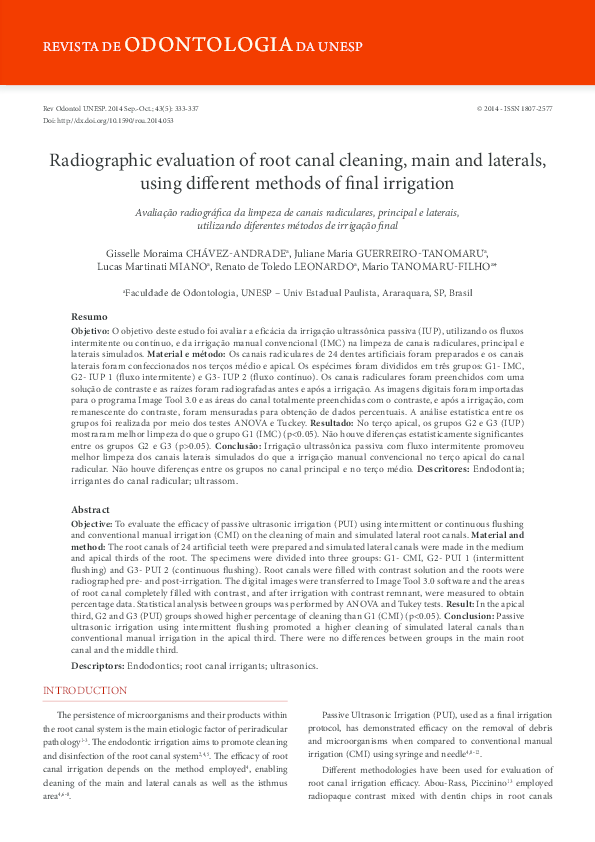 (PDF) Radiographic evaluation of root canal cleaning, main and laterals, using different methods ...