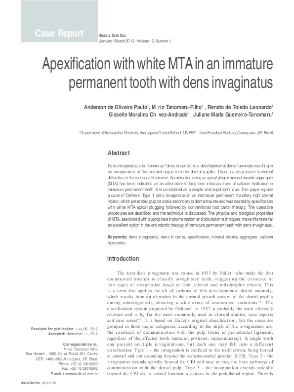 (PDF) Apexification with white MTA in an immature permanent tooth with ...