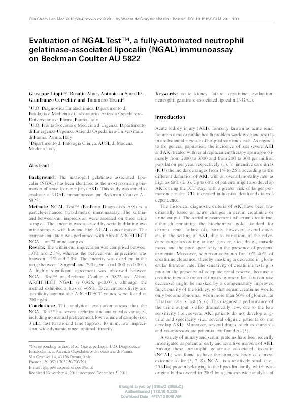 (PDF) Evaluation of NGAL Test™, a fully-automated neutrophil gelatinase ...