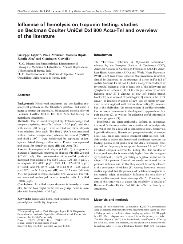 (PDF) Influence of hemolysis on troponin testing: studies on Beckman ...