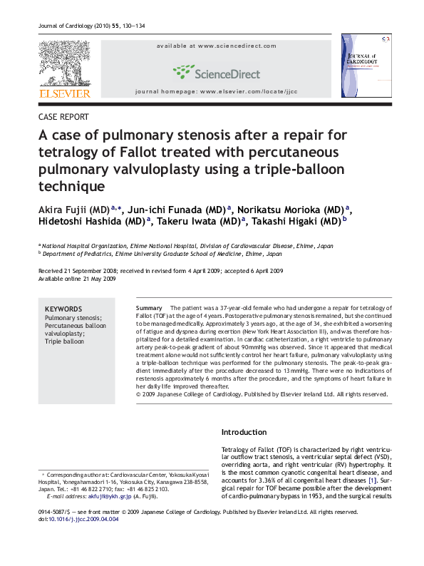 (PDF) A case of pulmonary stenosis after a repair for tetralogy of Fallot treated with ...