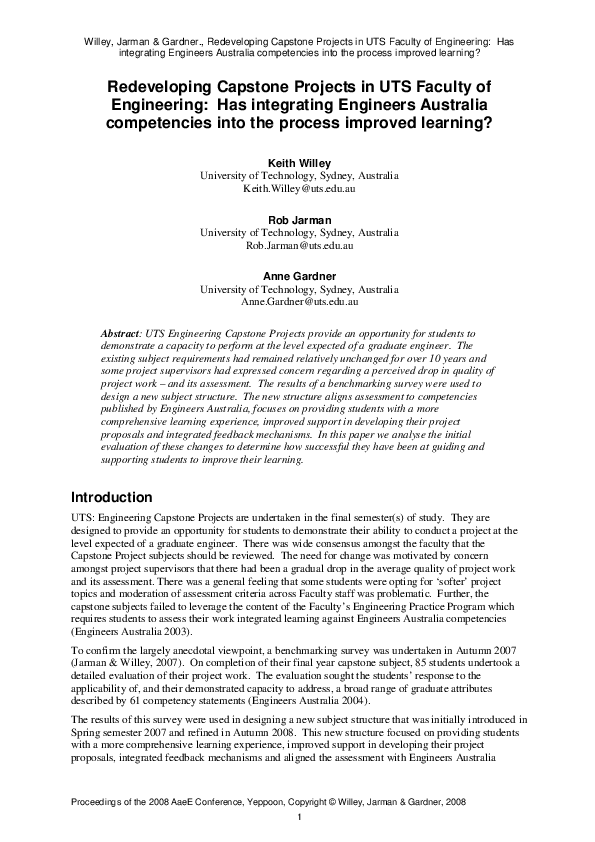 (PDF) Redeveloping Capstone Projects in UTS Faculty of Engineering: Has ...