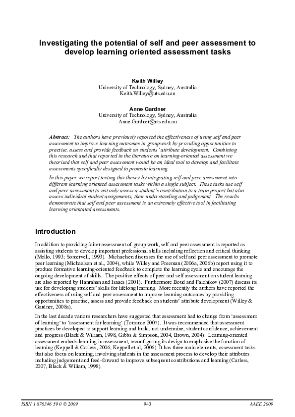 (PDF) Investigating the potential of self and peer assessment to develop learning oriented ...