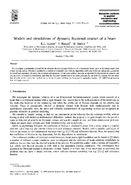 Pdf Models And Simulations Of Dynamic Frictional Contact Of A Beam