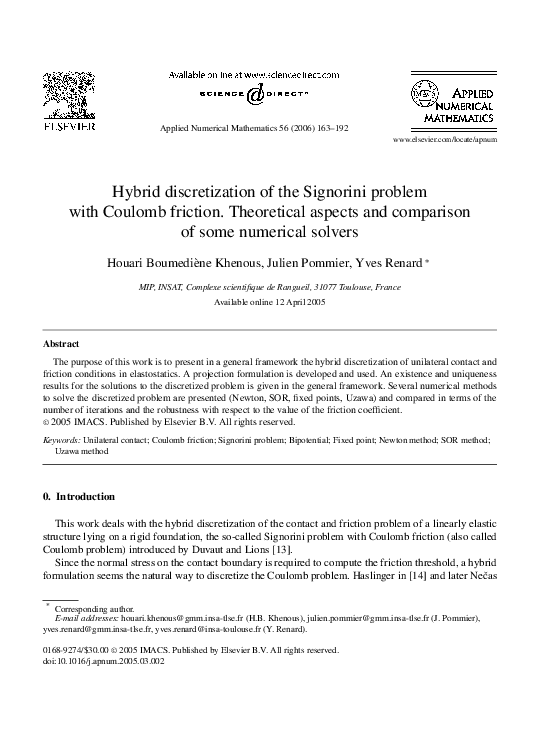 (PDF) Hybrid discretization of the Signorini problem with Coulomb friction. Theoretical aspects ...