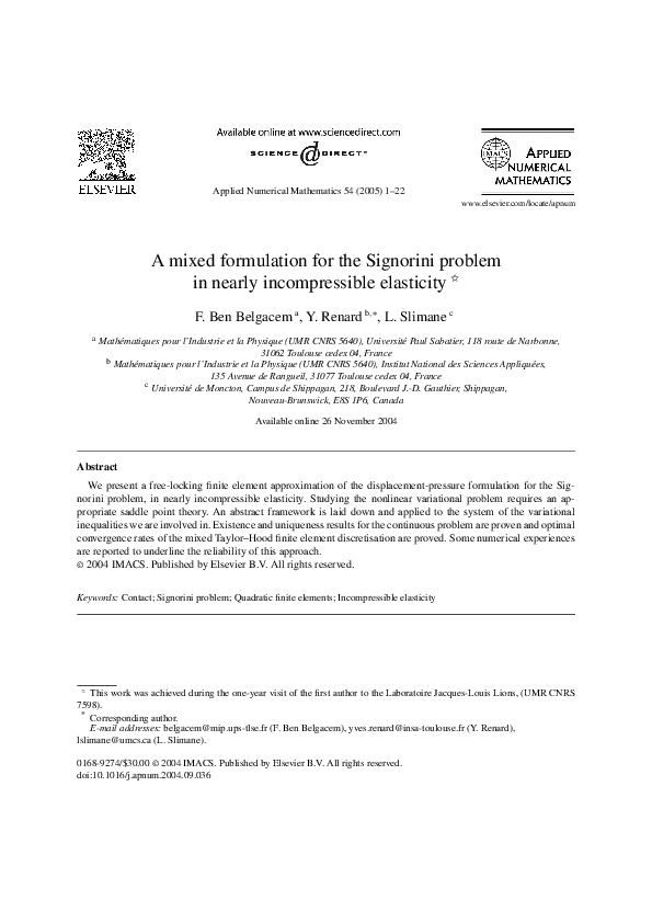 (PDF) A mixed formulation for the Signorini problem in nearly incompressible elasticity