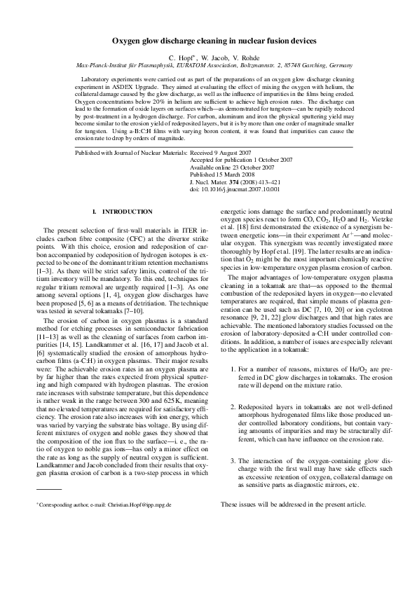 (PDF) Oxygen glow discharge cleaning in nuclear fusion devices