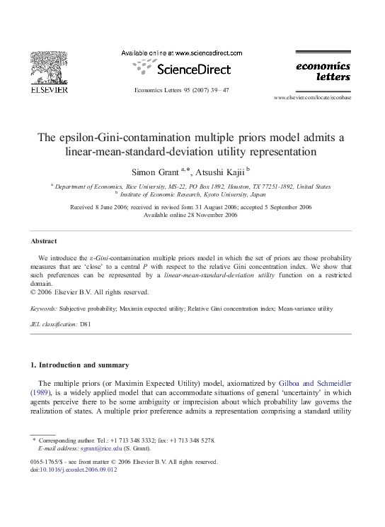 (PDF) The epsilon-Gini-contamination multiple priors model admits a linear-mean-standard ...