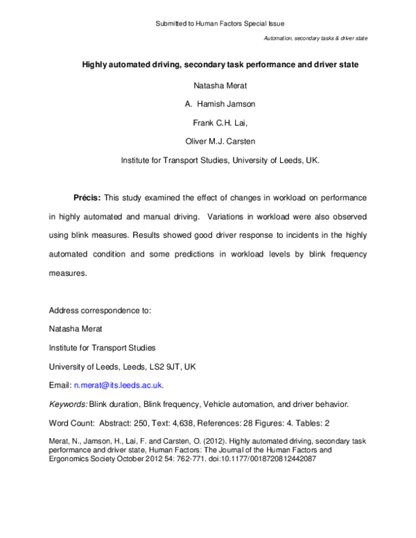 Pdf Highly Automated Driving Secondary Task Performance And Driver