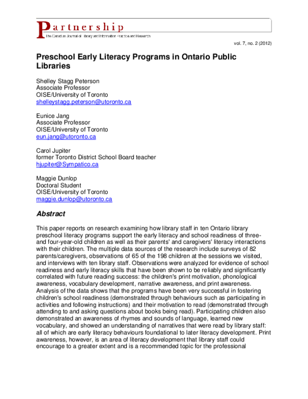 (PDF) Preschool early literacy programs in Ontario public libraries