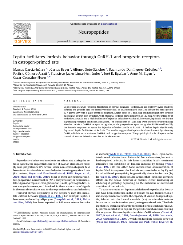 (PDF) Lordosis facilitation by leptin in ovariectomized, estrogen ...