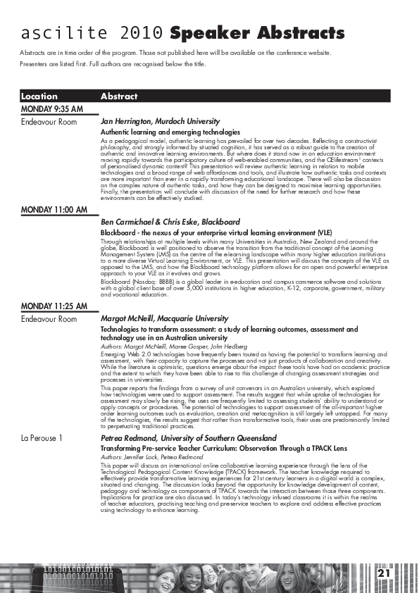 (PDF) ascilite 2010 Speaker Abstracts