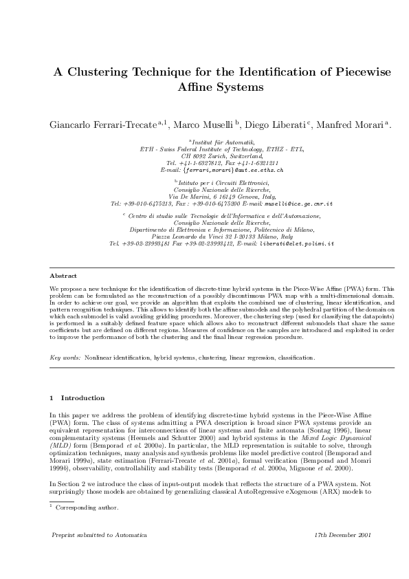 (PDF) A clustering technique for the identification of piecewise affine systems | Diego Liberati ...
