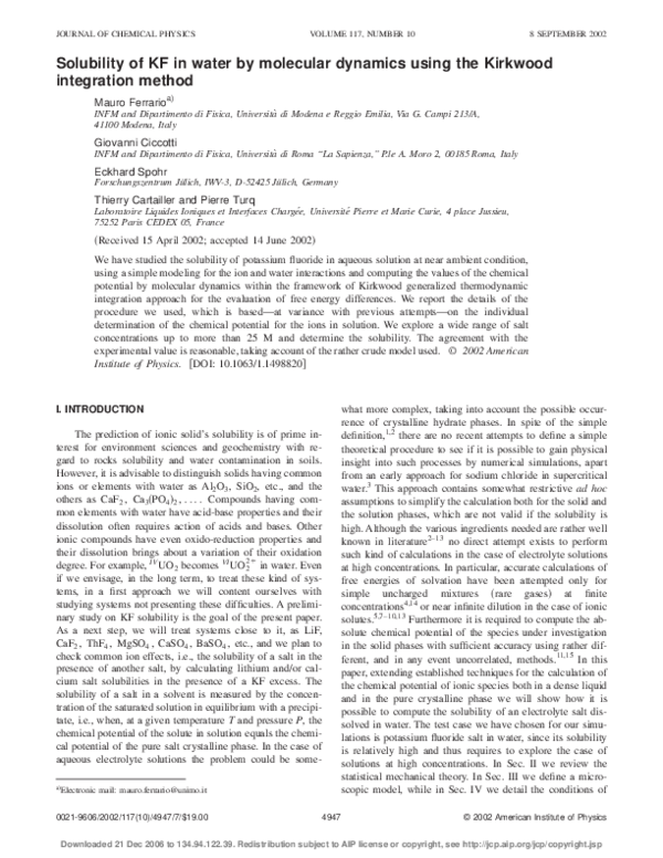 (PDF) Solubility of KF in water by molecular dynamics using the Kirkwood integration method ...