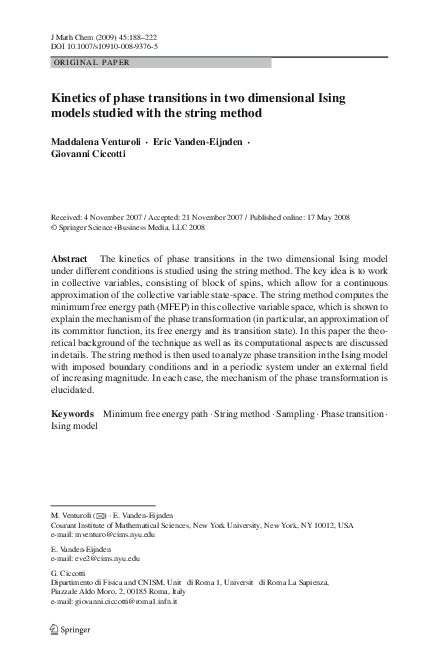 (PDF) Kinetics of phase transitions in two dimensional Ising models studied with the string method