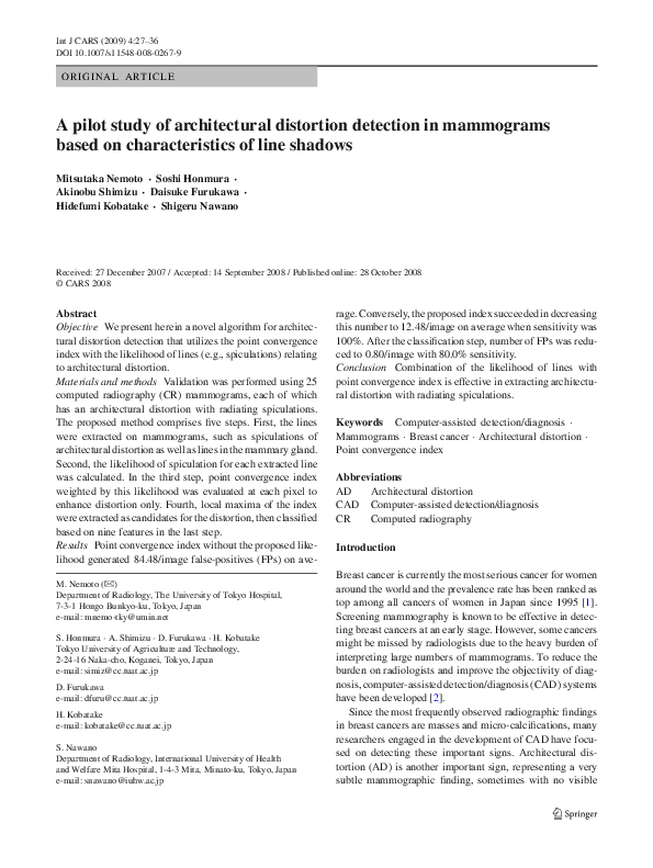 (PDF) A pilot study of architectural distortion detection in mammograms ...