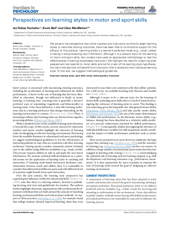 (PDF) Perspectives on Learning Styles in Motor and Sport Skills