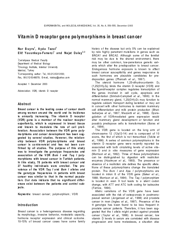 (PDF) Vitamin D receptor gene polymorphisms in breast cancer