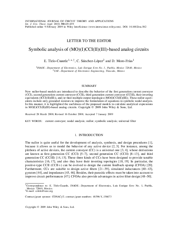 (PDF) Symbolic analysis of (MO)(I)CCI(II)(III)-based analog circuits | David Moro-Frias ...