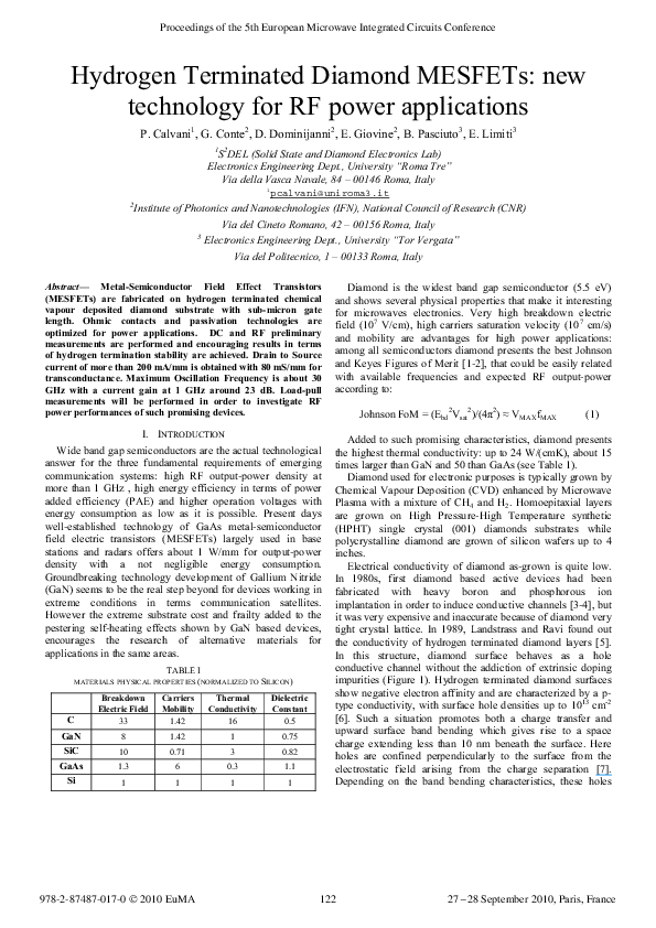 (PDF) Hydrogen terminated diamond MESFETs: New technology for RF power ...