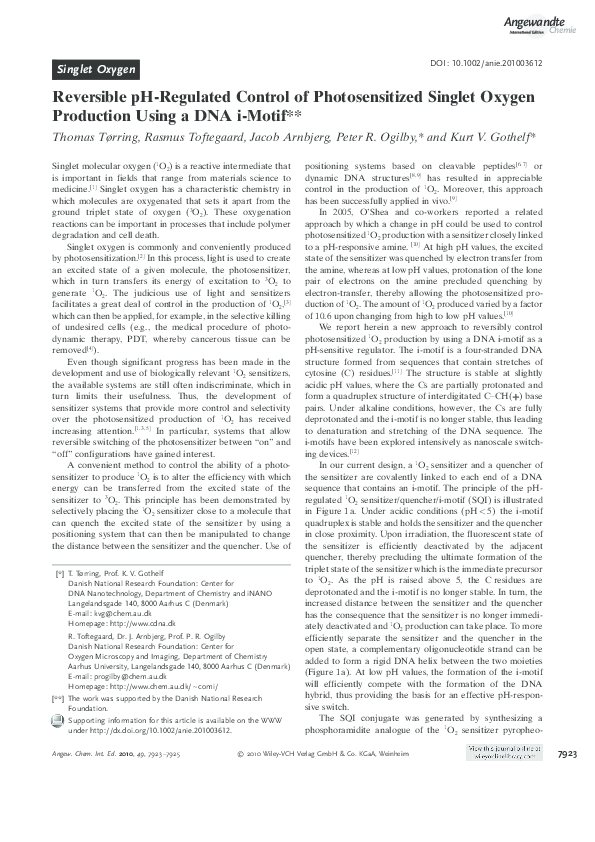 (PDF) Reversible pH-Regulated Control of Photosensitized Singlet Oxygen ...