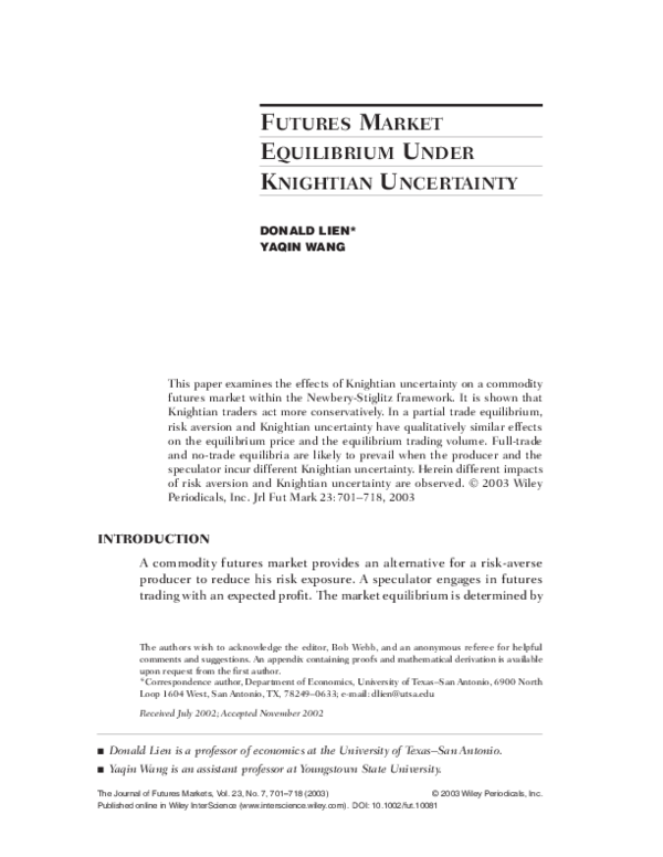 (PDF) Futures market equilibrium under Knightian uncertainty