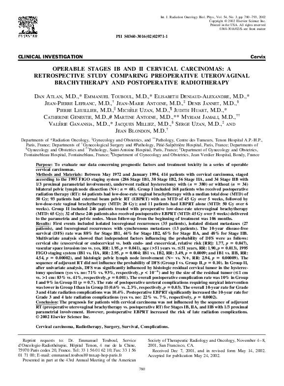 (PDF) Operable Stages IB and II cervical carcinomas: a retrospective study comparing ...