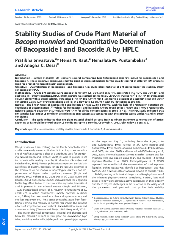 (PDF) Stability Studies of Crude Plant Material of Bacopa monnieri and Quantitative ...
