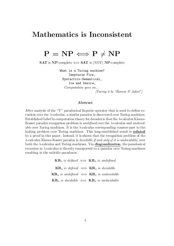 (PDF) Mathematics is Inconsistent P = NP ⇐⇒ P = NP