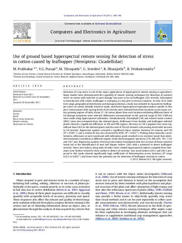Pdf Use Of Ground Based Hyperspectral Remote Sensing For Detection Of Stress In Cotton Caused