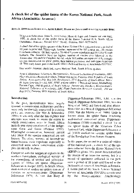 (PDF) A check list of the spider fauna of the Karoo National Park ...
