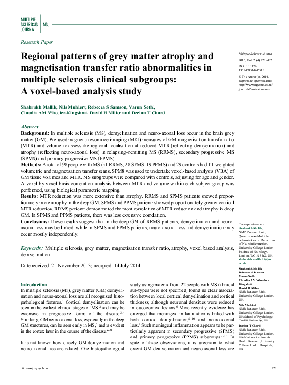 (PDF) REGIONAL PATTERNS OF GREY MATTER ATROPHY AND MAGNETISATION TRANSFER RATIO ABNORMALITIES IN ...