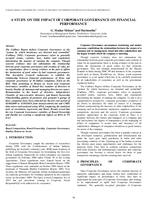 (PDF) A STUDY ON THE IMPACT OF CORPORATE GOVERNANCE ON FINANCIAL PERFORMANCE