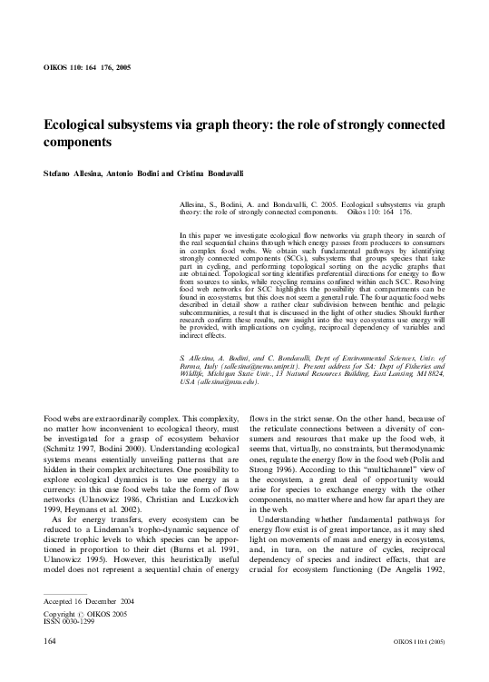 (PDF) Ecological subsystems via graph theory: the role of strongly ...