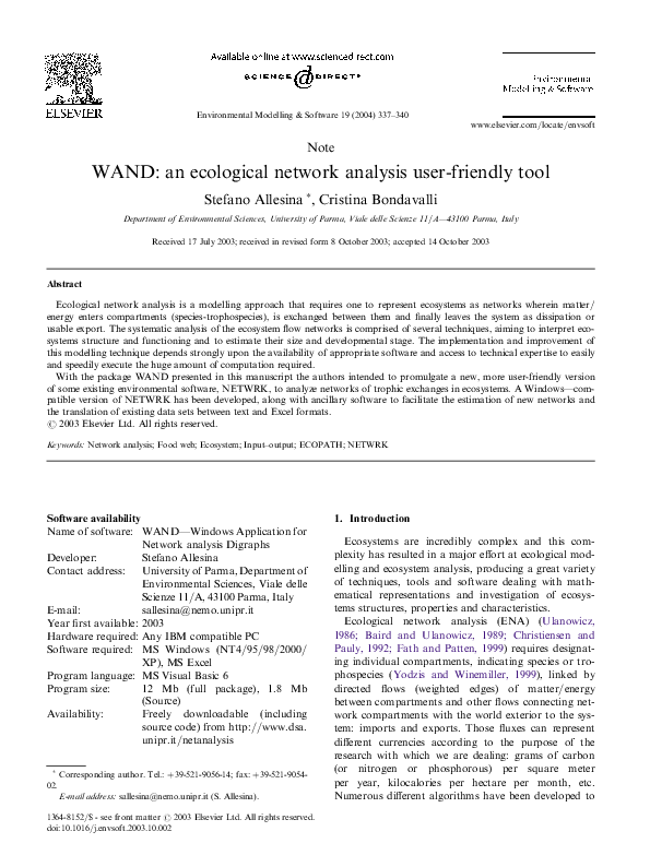 (PDF) WAND: an ecological network analysis user-friendly tool