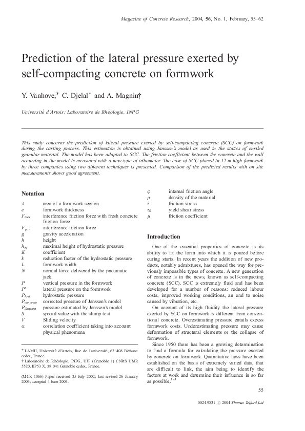 Pdf Prediction Of The Lateral Pressure Exerted By Self Compacting Concrete On Formwork