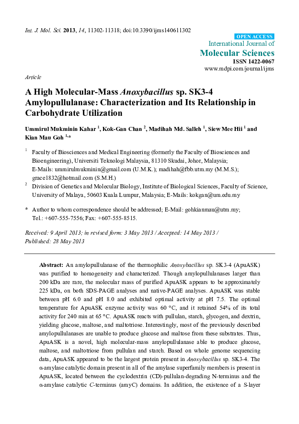 (PDF) A High Molecular-Mass Anoxybacillus sp. SK3-4 Amylopullulanase ...