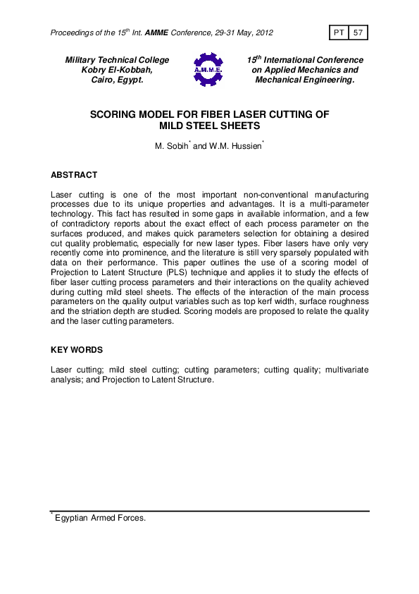 (PDF) SCORING MODEL FOR FIBER LASER CUTTING OF MILD STEEL SHEETS