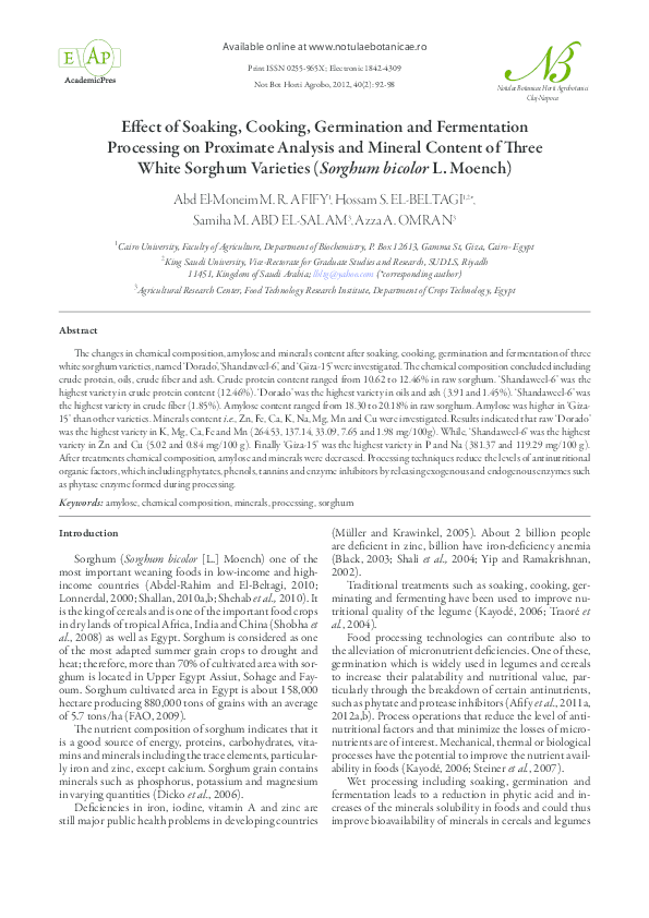 (PDF) Effect of Soaking, Cooking, Germination and Fermentation Processing on Proximate Analysis ...