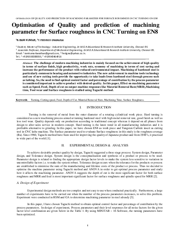 Pdf Optimisation Of Quality And Prediction Of Machining Parameter For Surface Roughness In Cnc