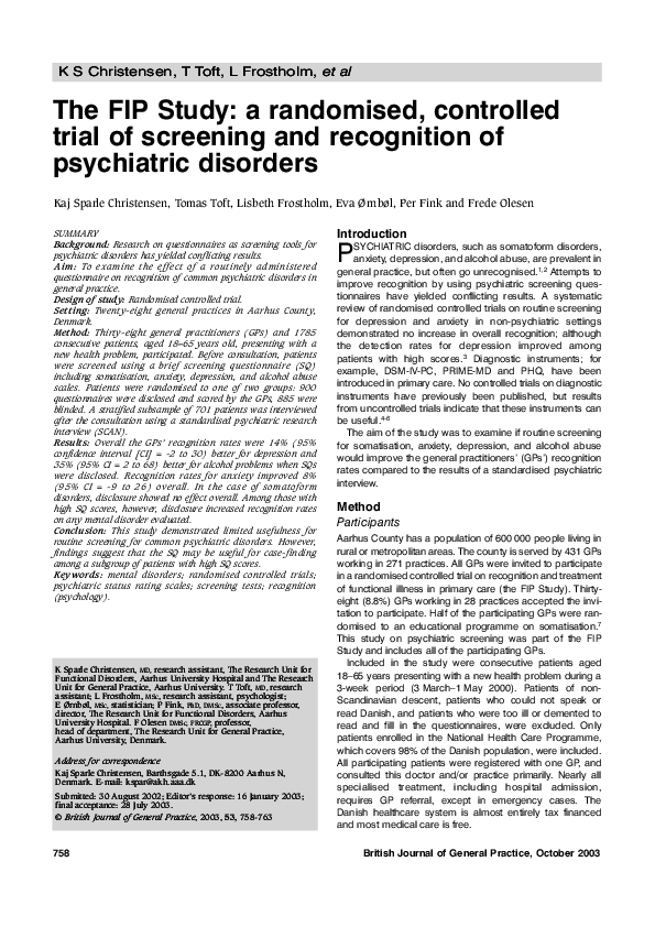 (PDF) The FIP study: a randomised, controlled trial of screening and ...