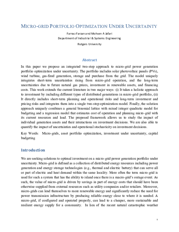 (PDF) MICRO-GRID PORTFOLIO OPTIMIZATION UNDER UNCERTAINTY