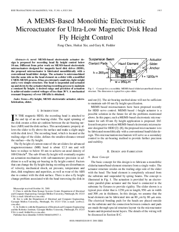 (PDF) A MEMS-based monolithic electrostatic microactuator for ultra-low magnetic disk head fly ...