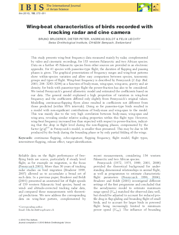(PDF) Wing-beat characteristics of birds recorded with tracking radar ...