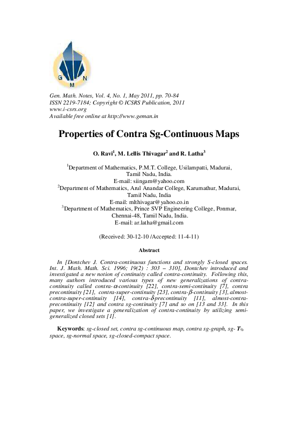 (PDF) Properties of Contra Sg-Continuous Maps
