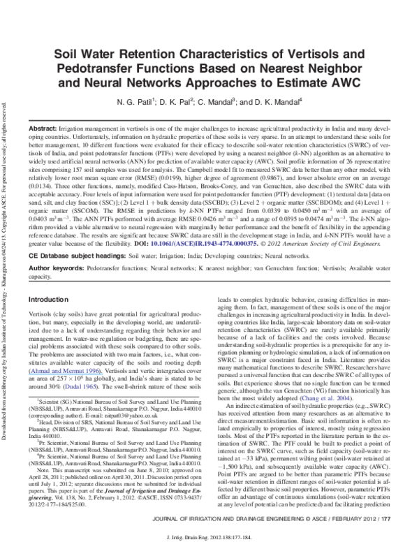 (PDF) Estimation of the van Genuchten Soil Water Retention Properties from Soil Textural Data ...