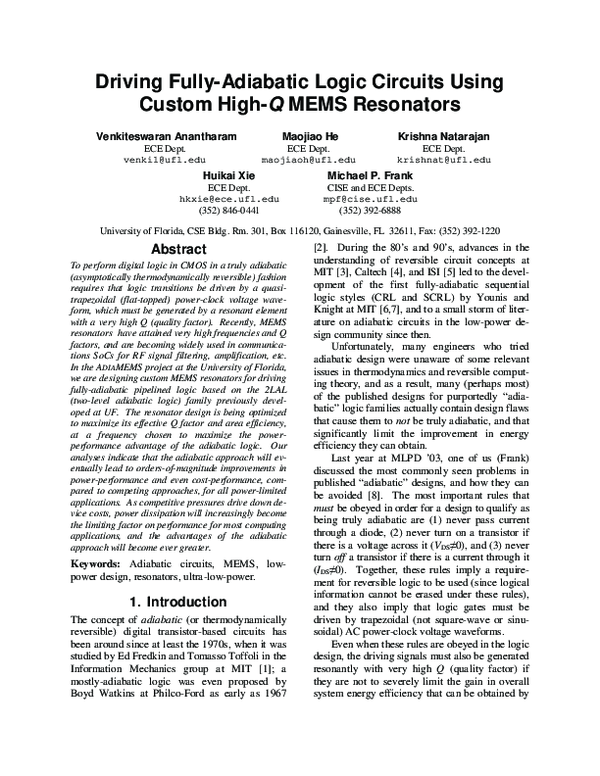 Pdf Driving Fully Adiabatic Logic Circuits Using Custom High Q Mems